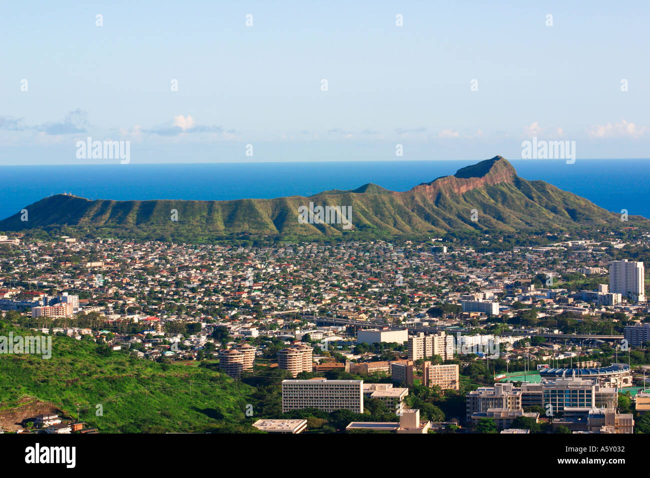High wide angle view of Diamond Head volcanic crater with ocean land ...
