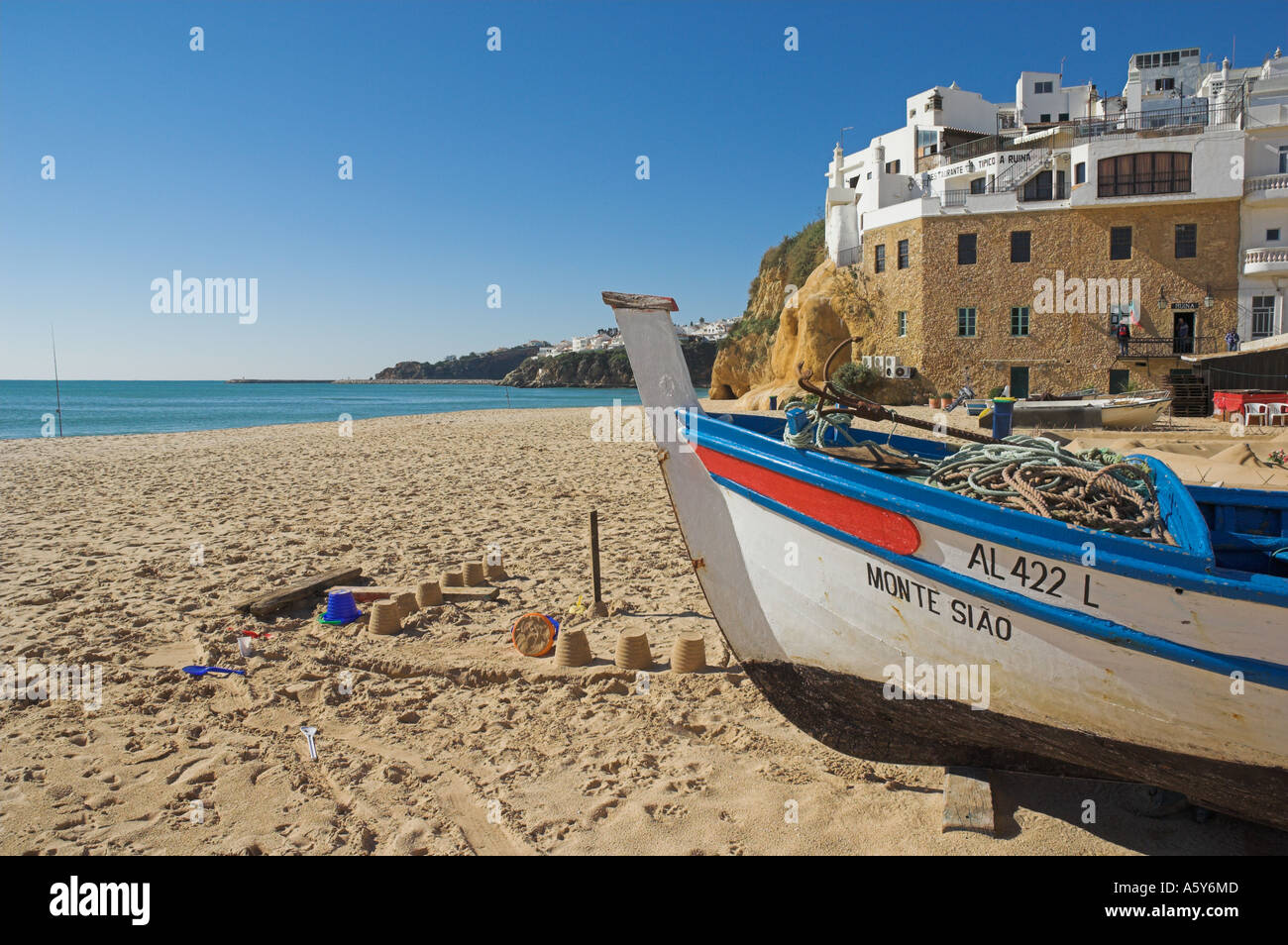 Traditional design of wooden portuguese fishing boat on Fishermans ...