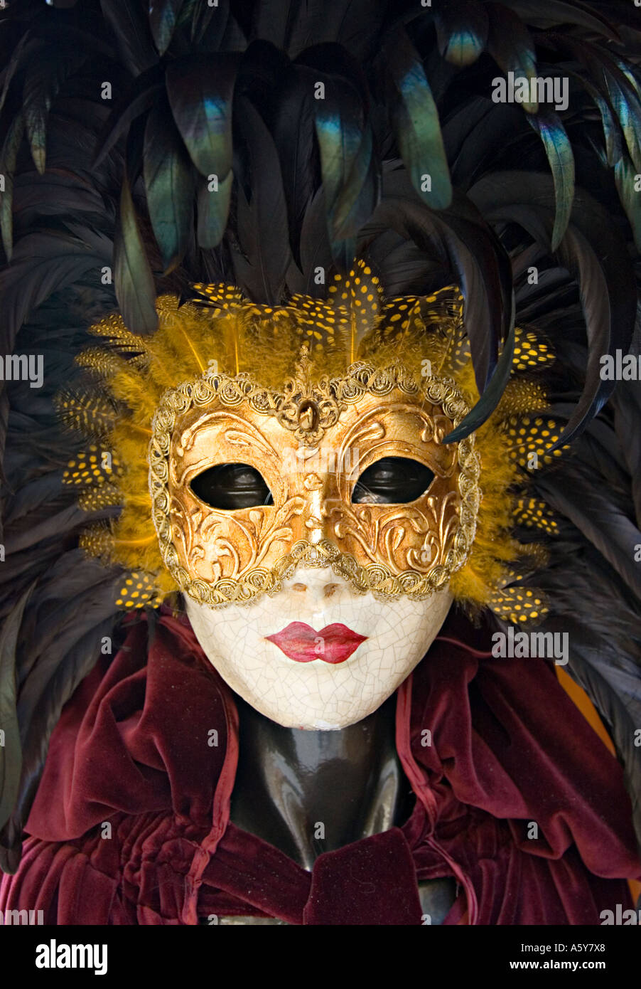 Black feather and gold Venetian carnival mask Stock Photo - Alamy