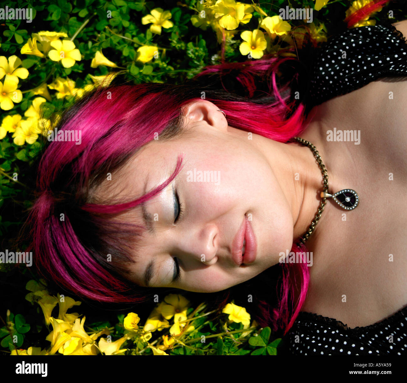 young japanese girl laying down in a yellow flower bed with her hair ...