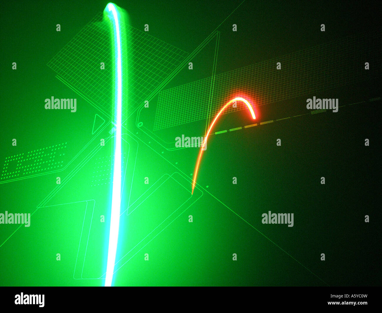 Neon light beams on green background Stock Photo - Alamy