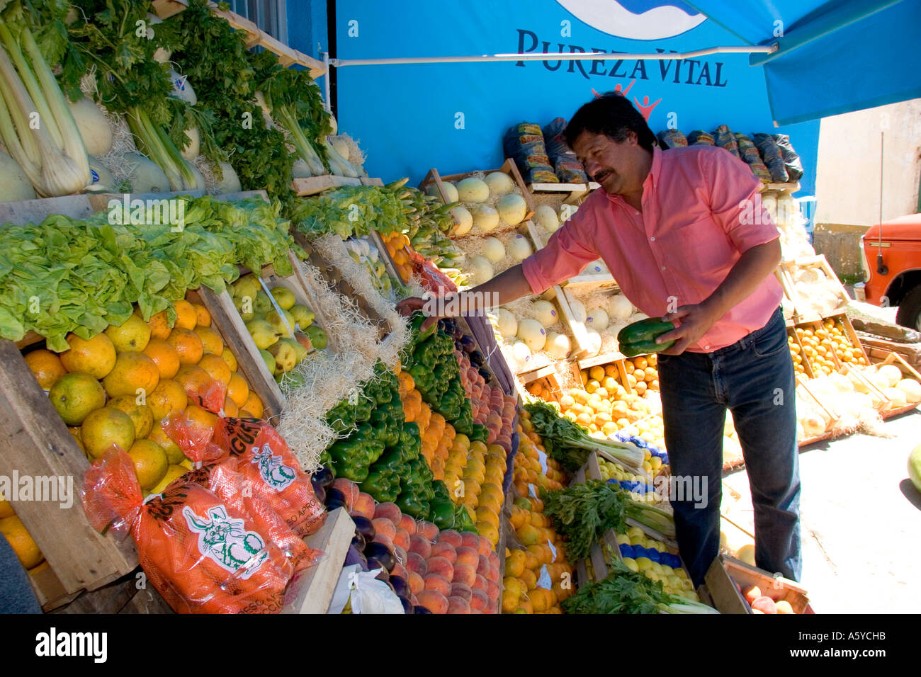 Merchant arranges artistic display of fruit and vegetables at a stand ...
