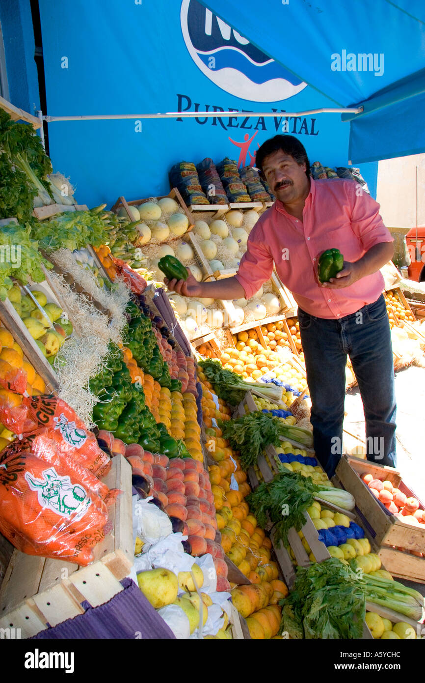 Merchant arranges artistic display of fruit and vegetables at a stand ...
