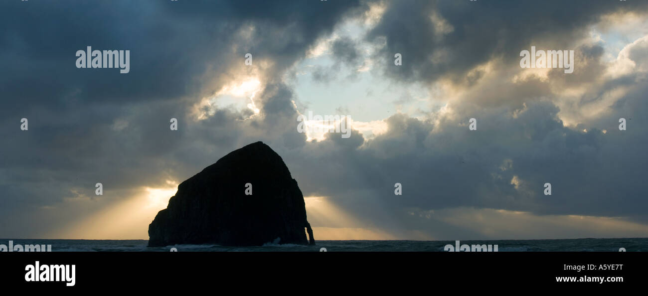 Haystack Rock and arch at sunset, Cape Kiwanda, Oregon Coast PANORAMIC ...