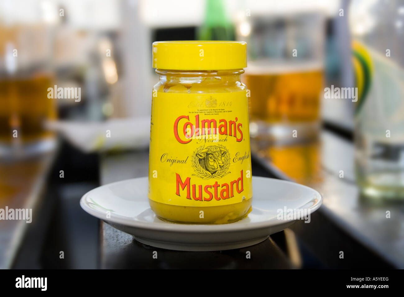 Jar of Colmans Mustard on pub table Stock Photo - Alamy