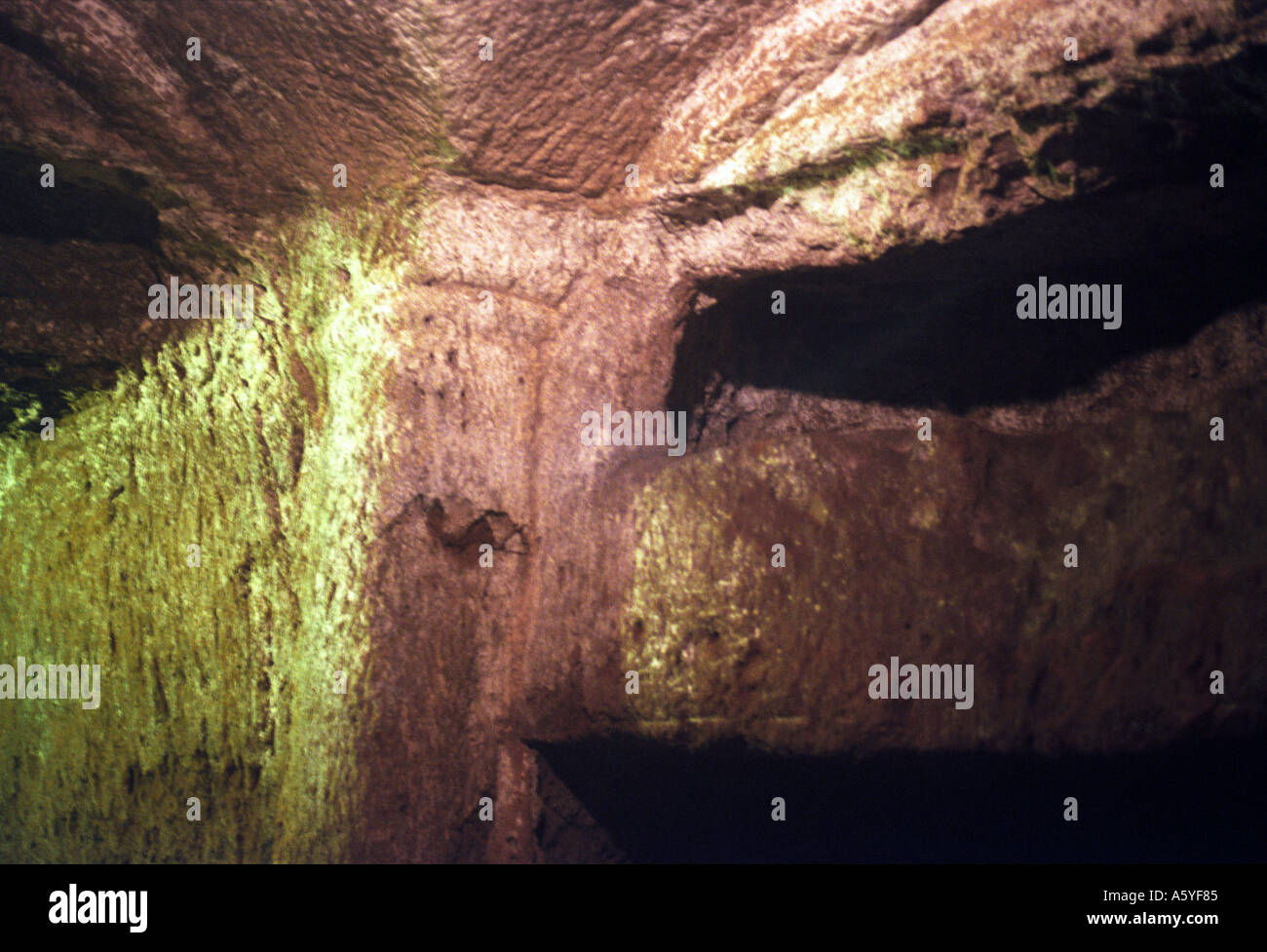 Interior wall detail of the ancient Catacombs beneath the city of Rome ...