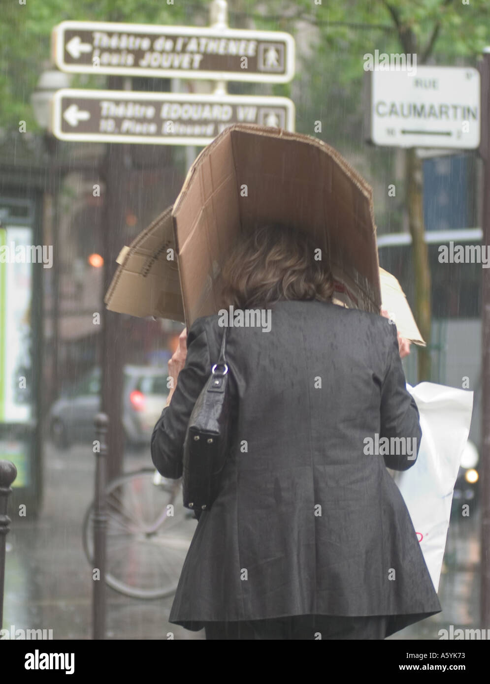 woman rushing during rain shower head covered with cardboard Stock ...