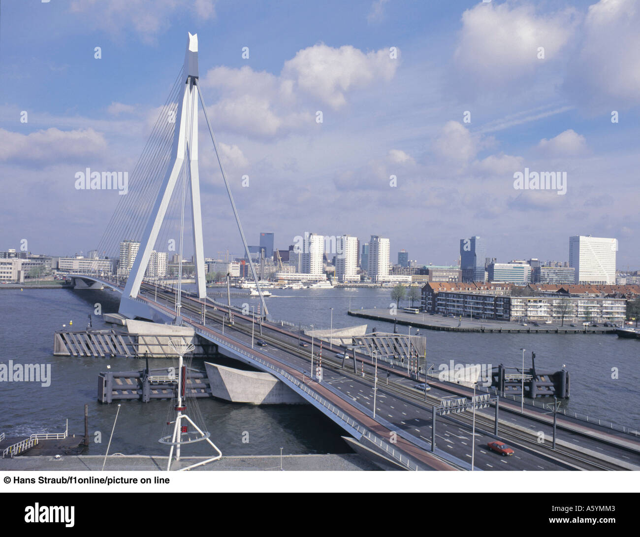 Suspension bridge across river, Erasmus Bridge, Nieuwe Maas River ...