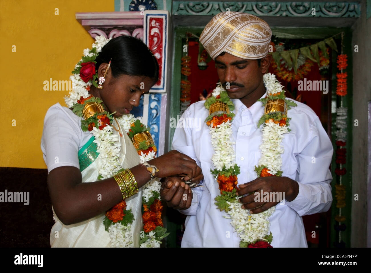 Bride ties band around grooms wrist during a hindu wedding ceremony ...