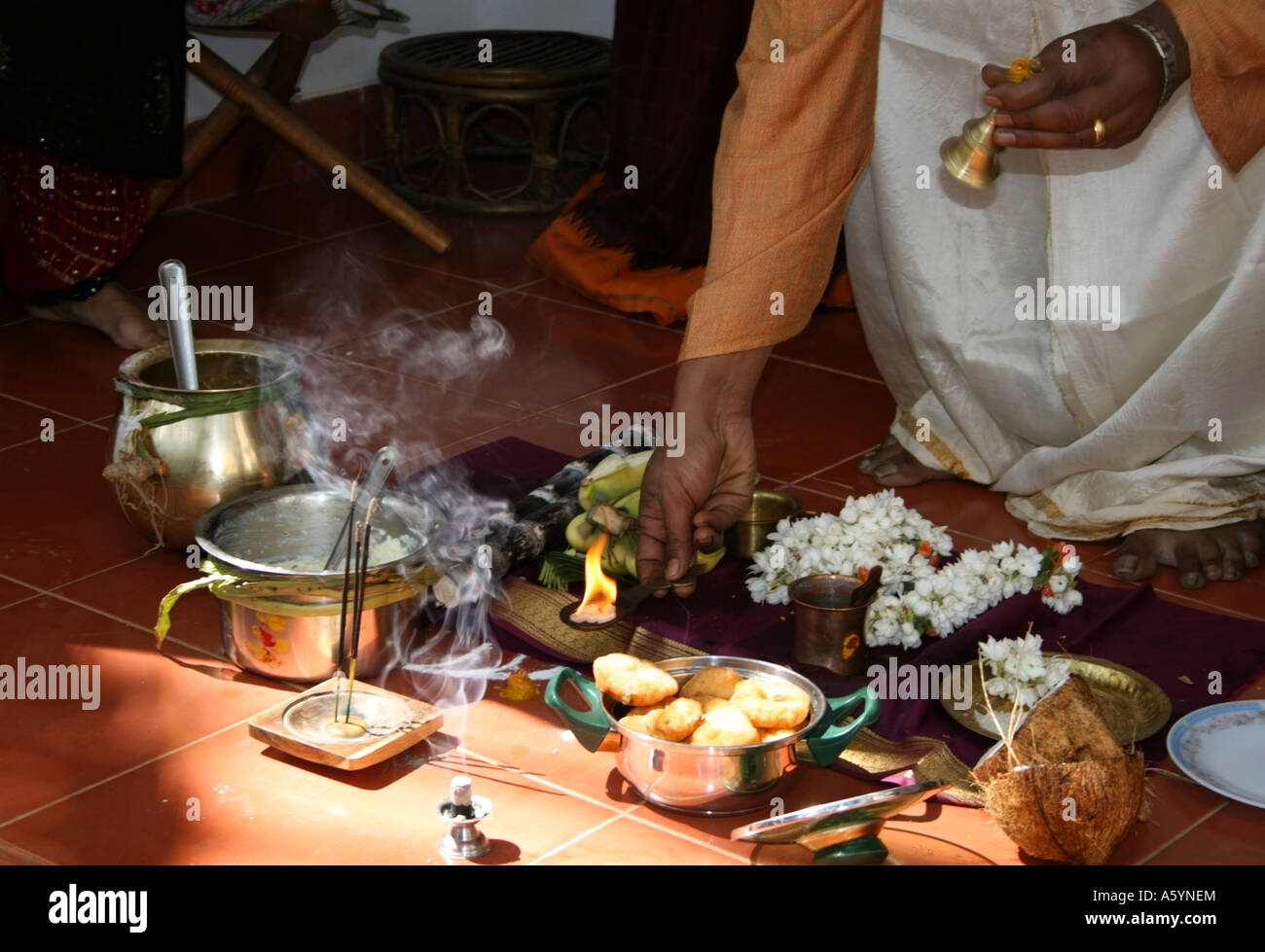 Man rings bell during Pongal pooja at his house in Karnataka, India ...
