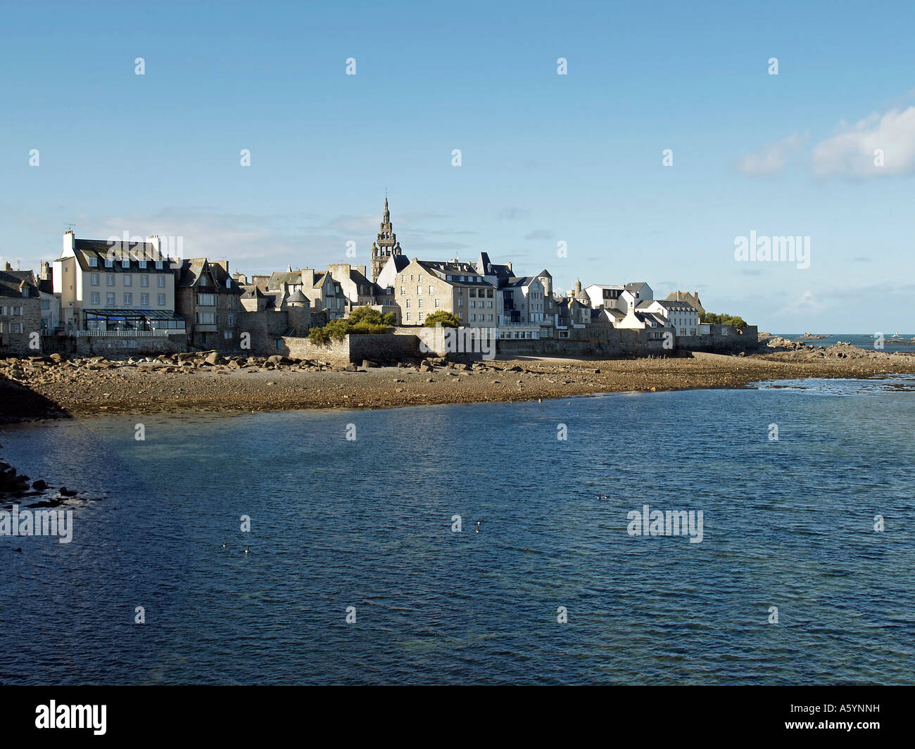 sight to the town Roscoff with city wall and the tower of the church ...
