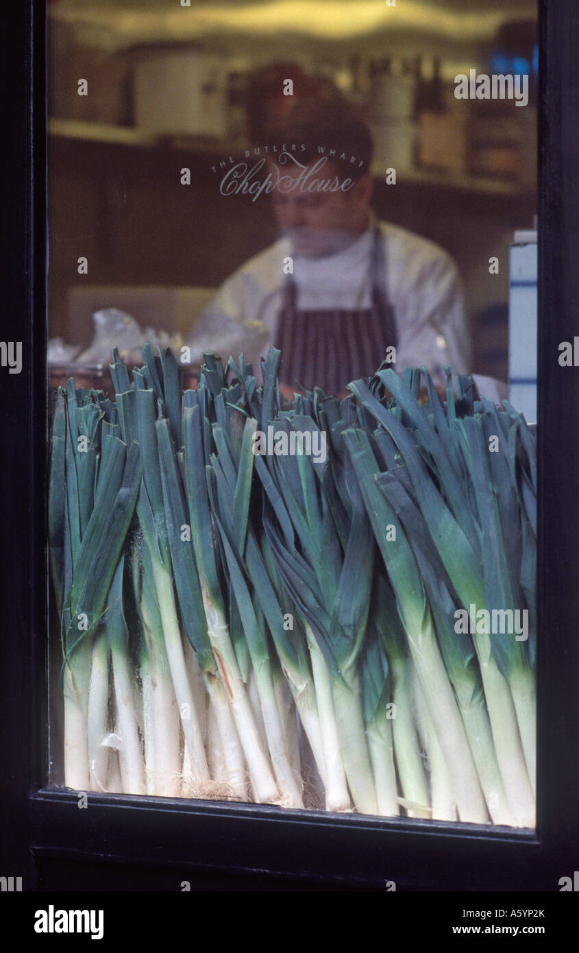 Leeks displayed in a restaurant kitchen window on Shad Thames Street ...
