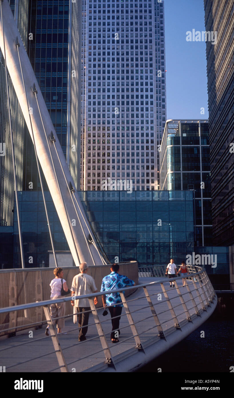 Visitors to London Docklands crossing cable-supported pedestrian swing ...