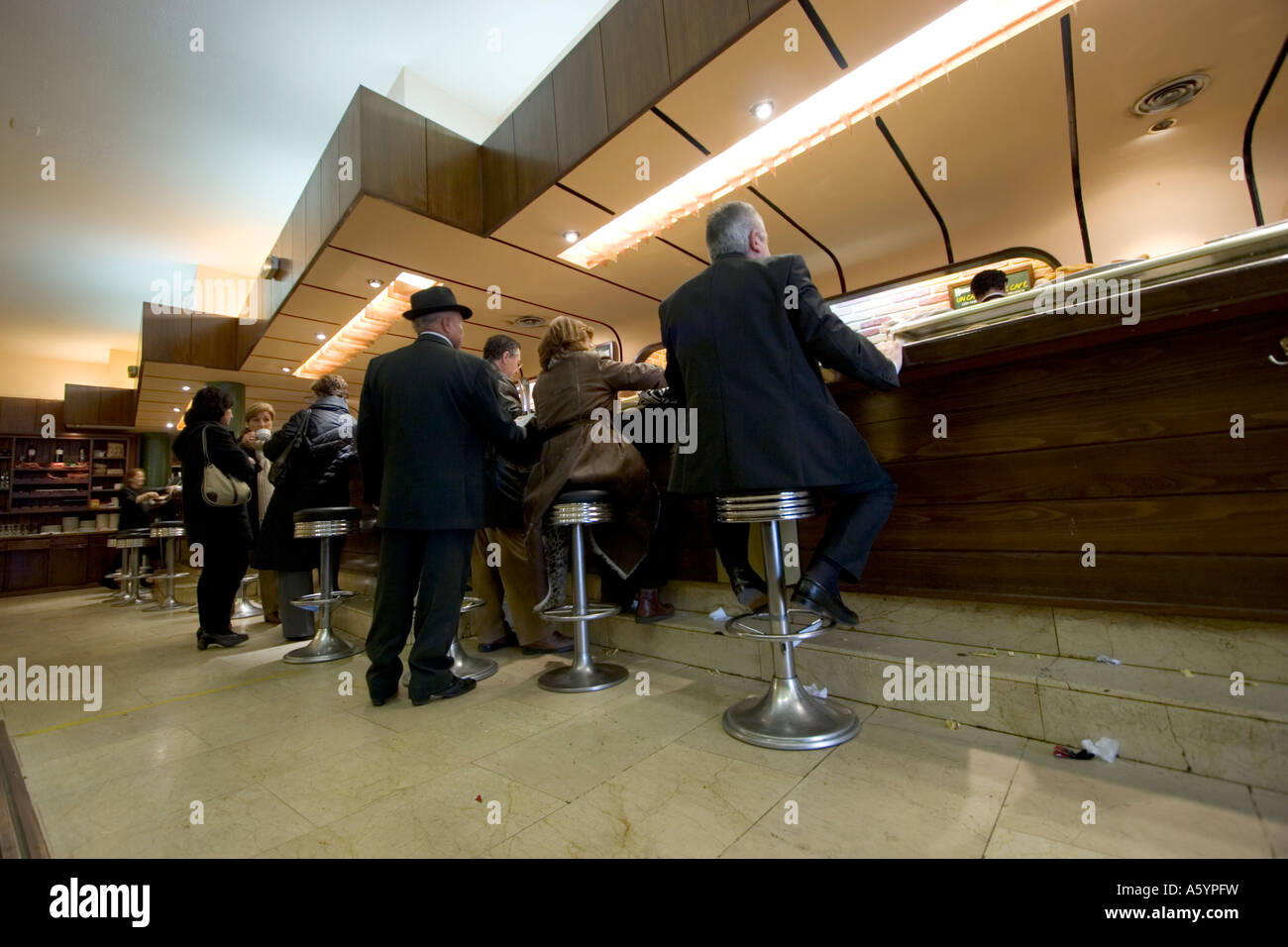 Interior of Spanish Cafe in Madrid during morning breakfast time Stock ...