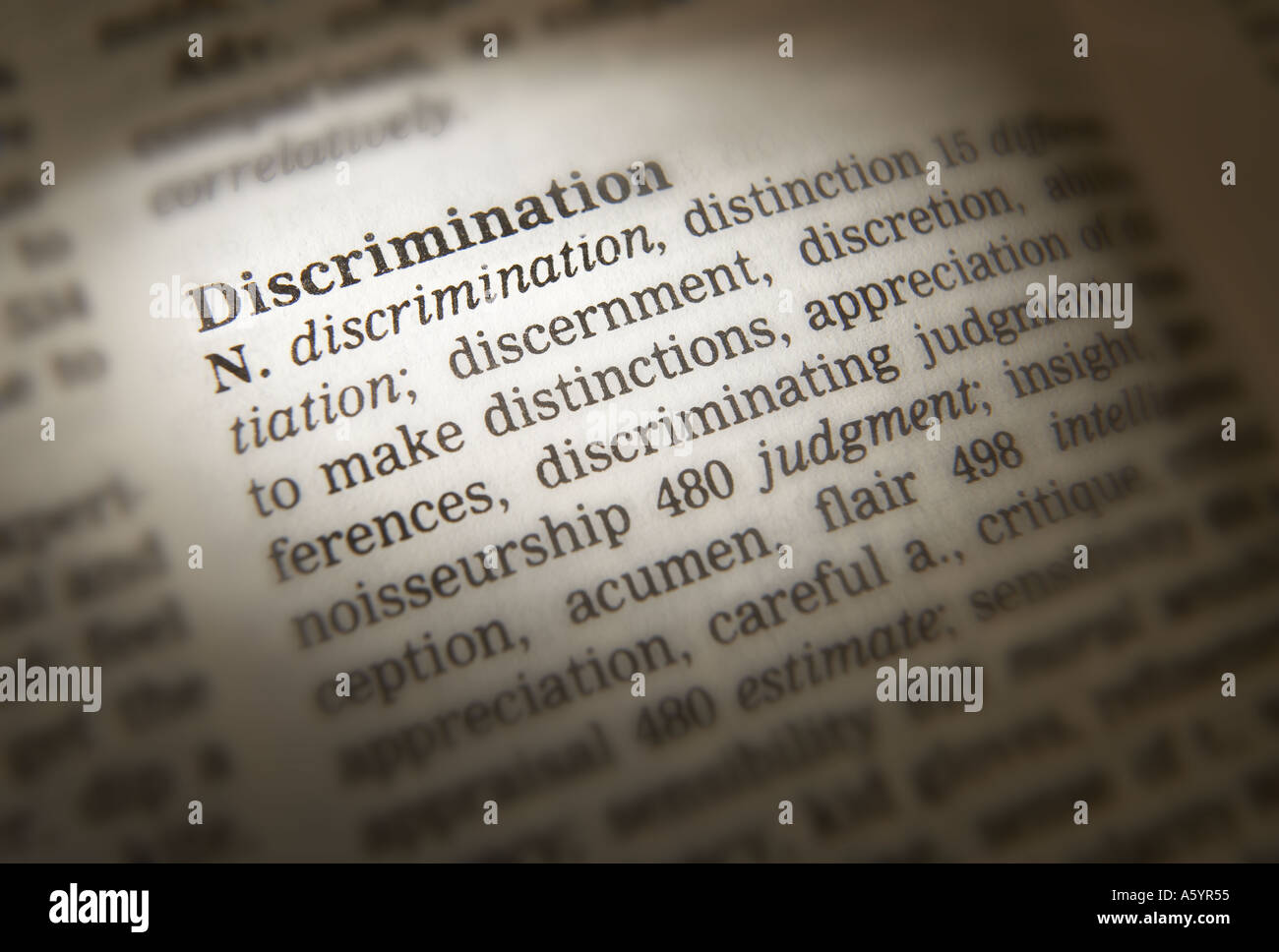 THESAURUS PAGE SHOWING DEFINITION OF WORD DISCRIMINATION Stock Photo ...