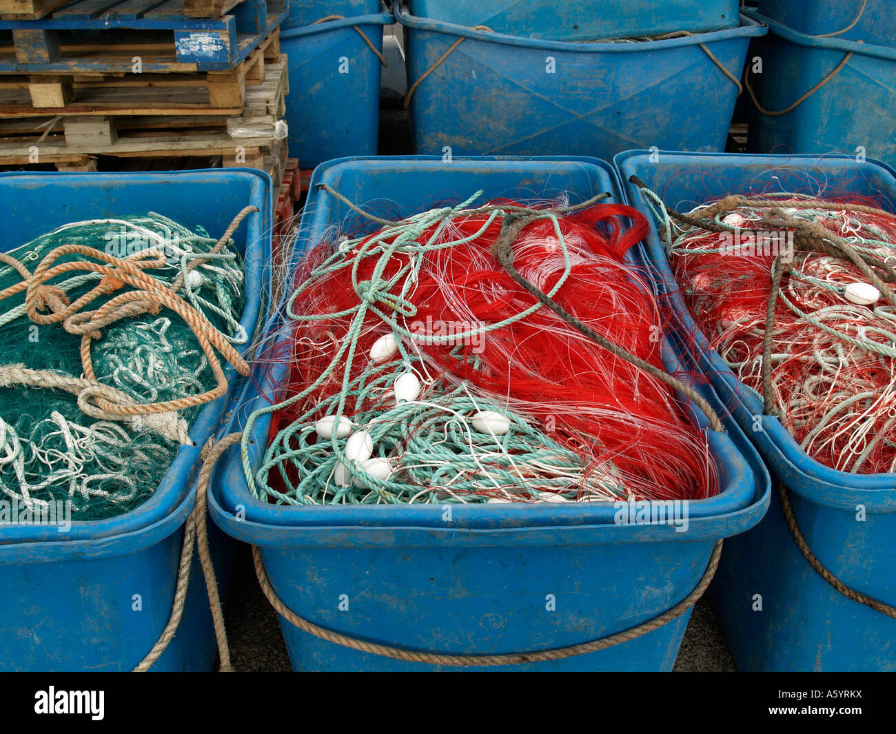 empty clean fishing nets waiting for the next tour in fishing port in ...