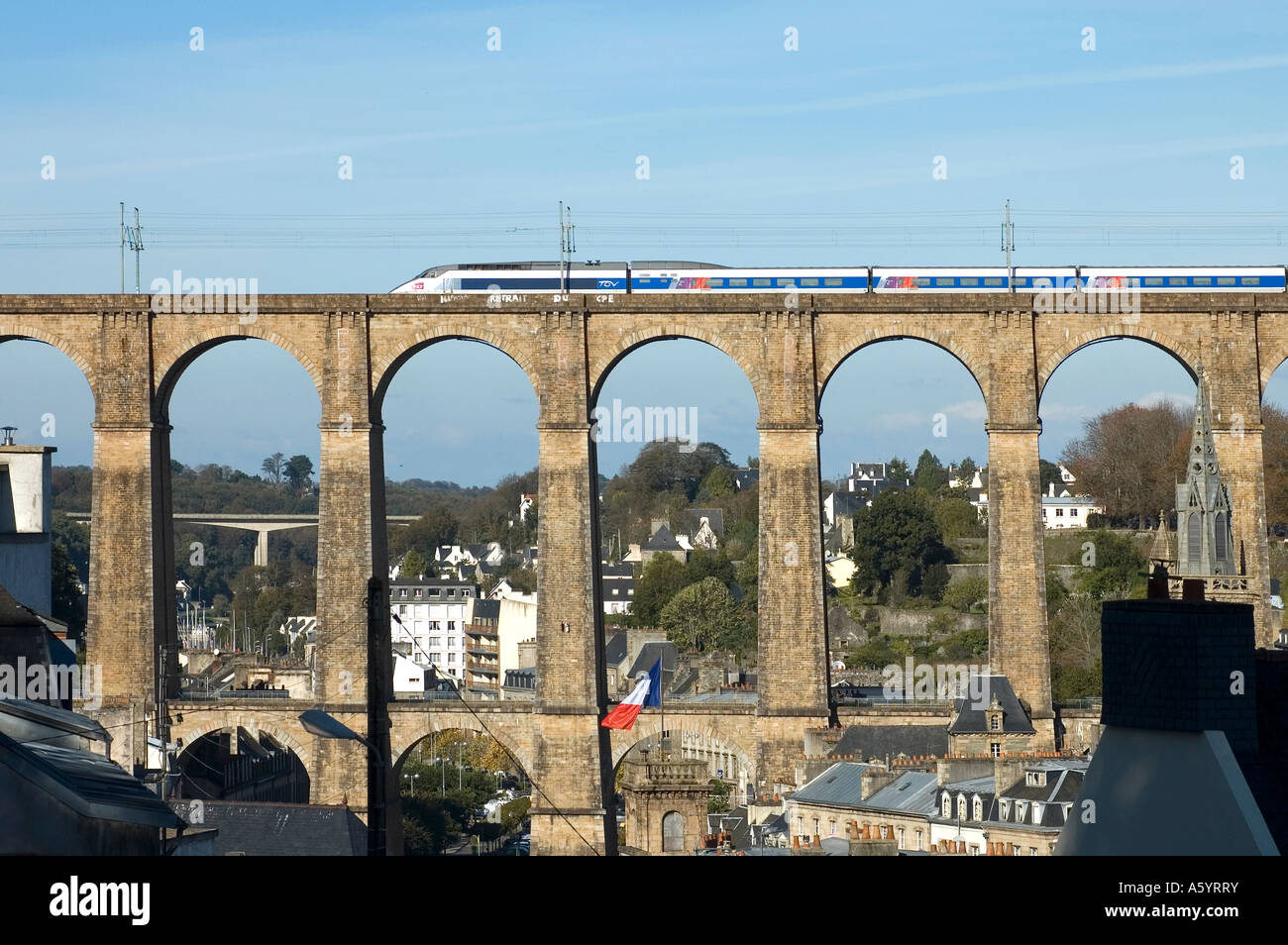 train TGV crossing Viaduc the railway bridge from 1864 through the town ...