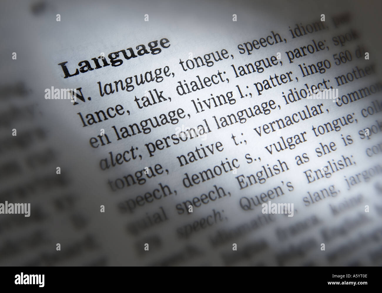 THESAURUS PAGE SHOWING DEFINITION OF WORD LANGUAGE Stock Photo - Alamy