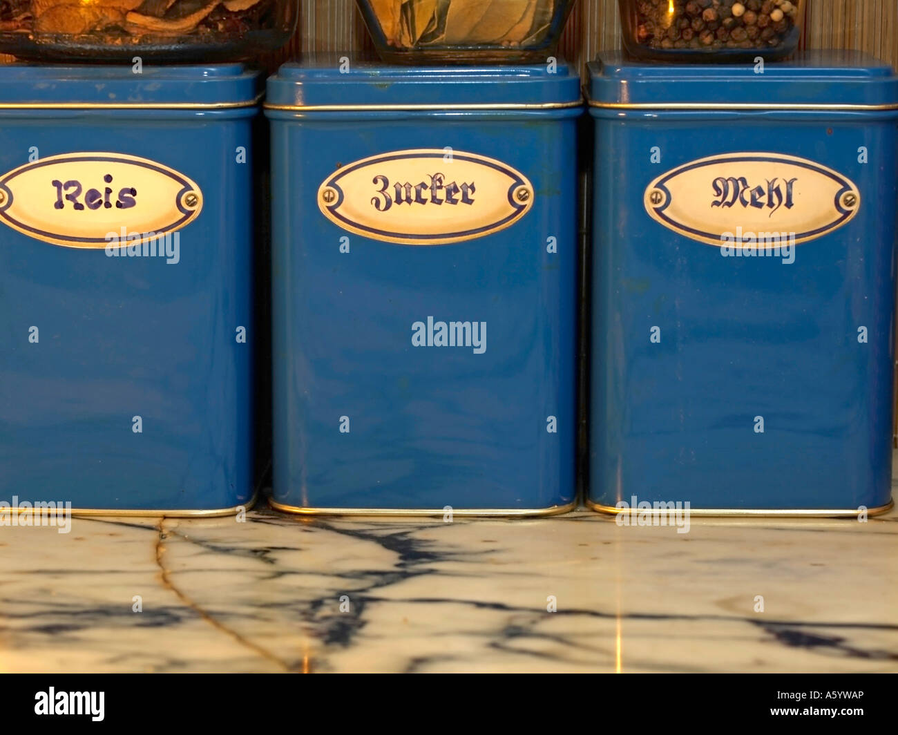 tin cans canisters with german labels for sugar rice and flour Stock ...
