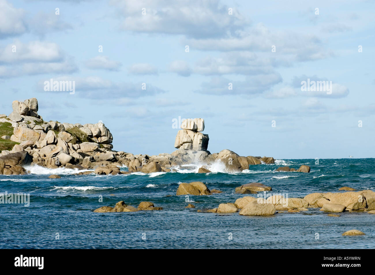 landscape with granit rocks at the coast in Finistere near by Plouescat ...