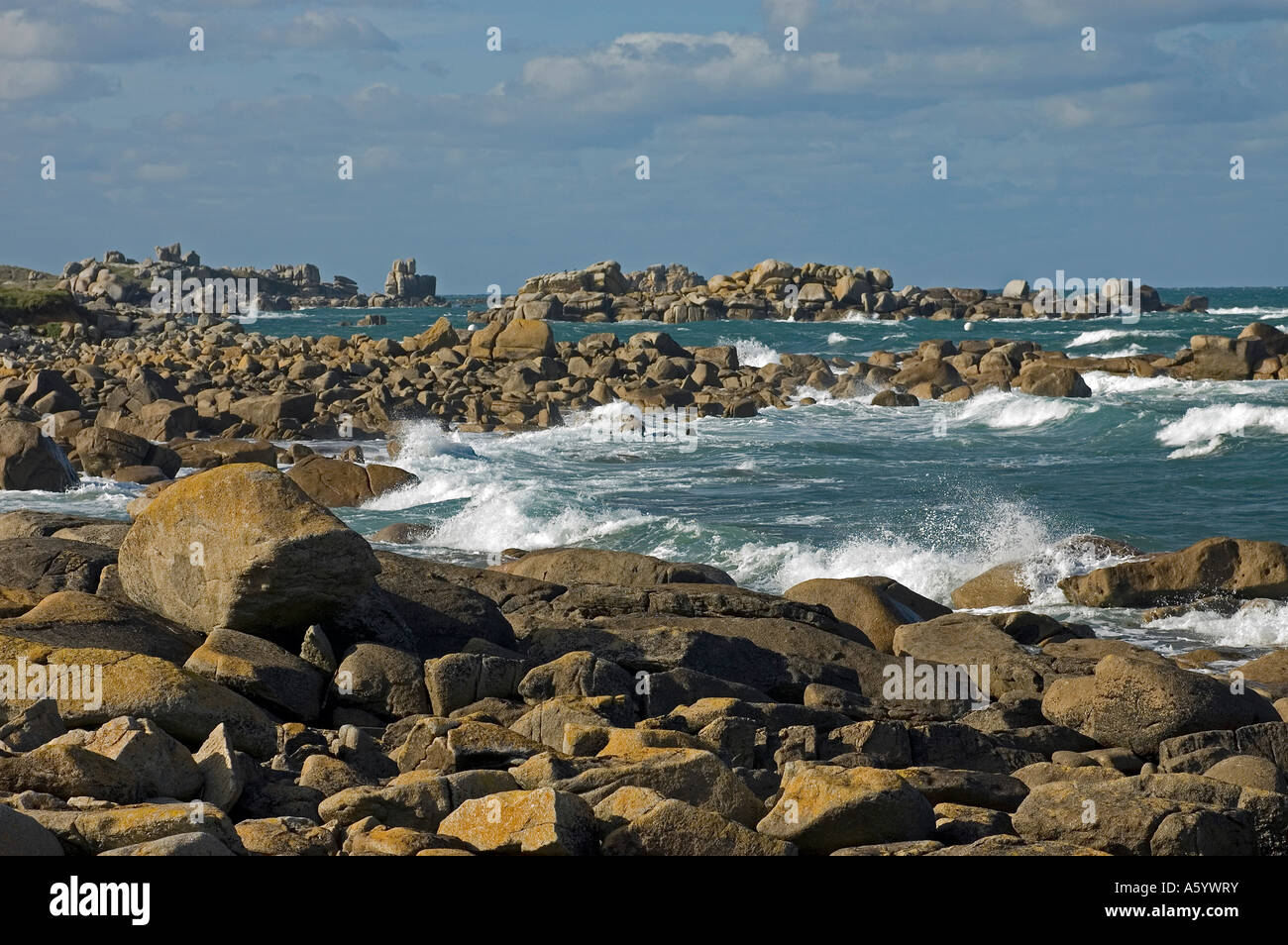 stony strand with granit rocks at the coast in Finistere near by ...