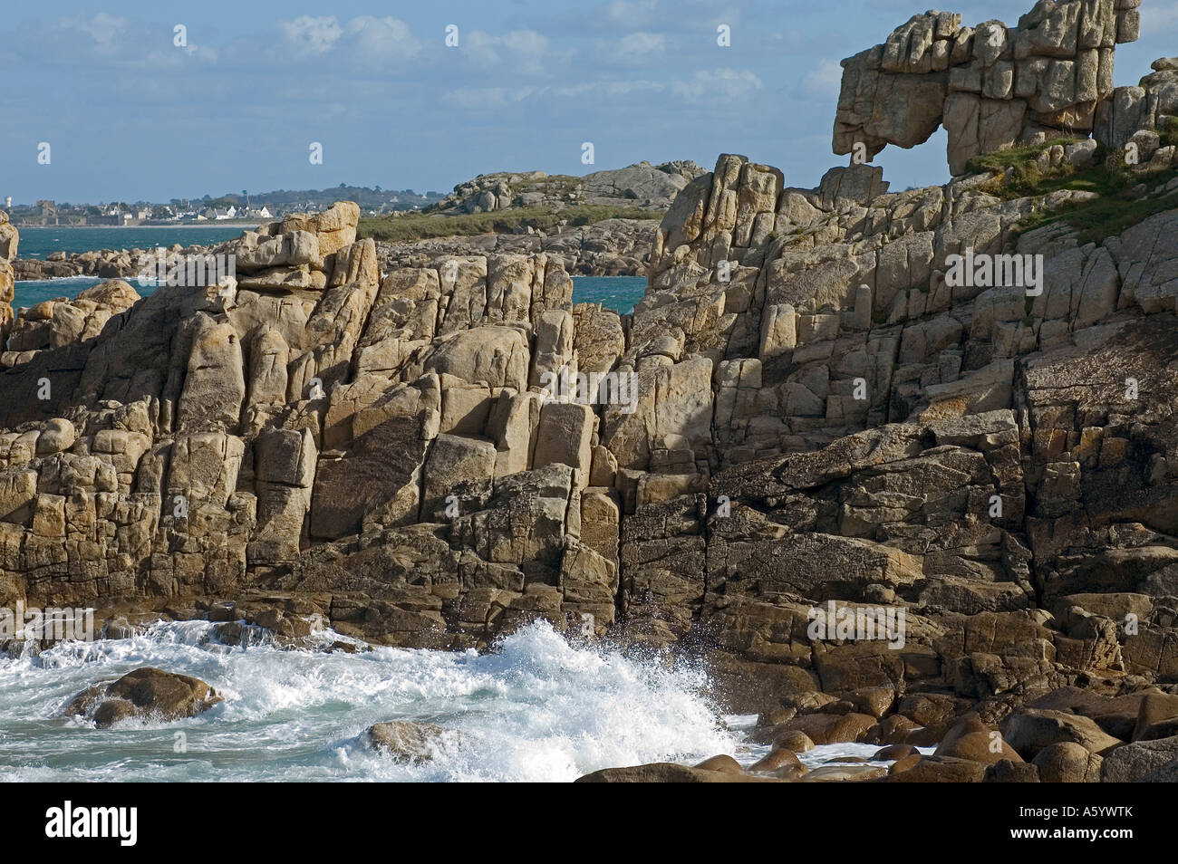 landscape with granit rocks at the coast in Finistere near by Plouescat ...