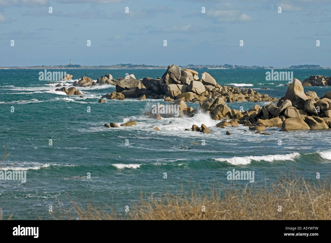 landscape with granit rocks at the coast in Finistere near by Plouescat ...