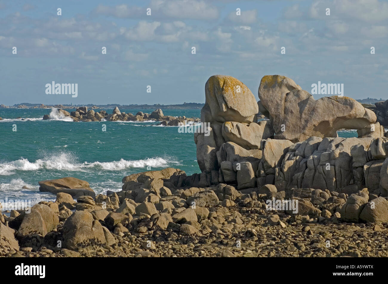 landscape with granit rocks at the coast in Finistere near by Plouescat ...