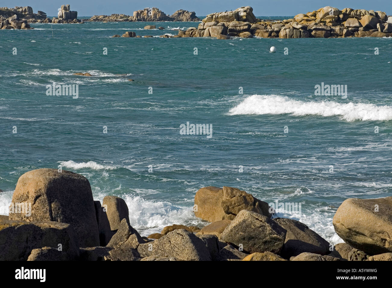 landscape with granit rocks at the coast in Finistere near by Plouescat ...