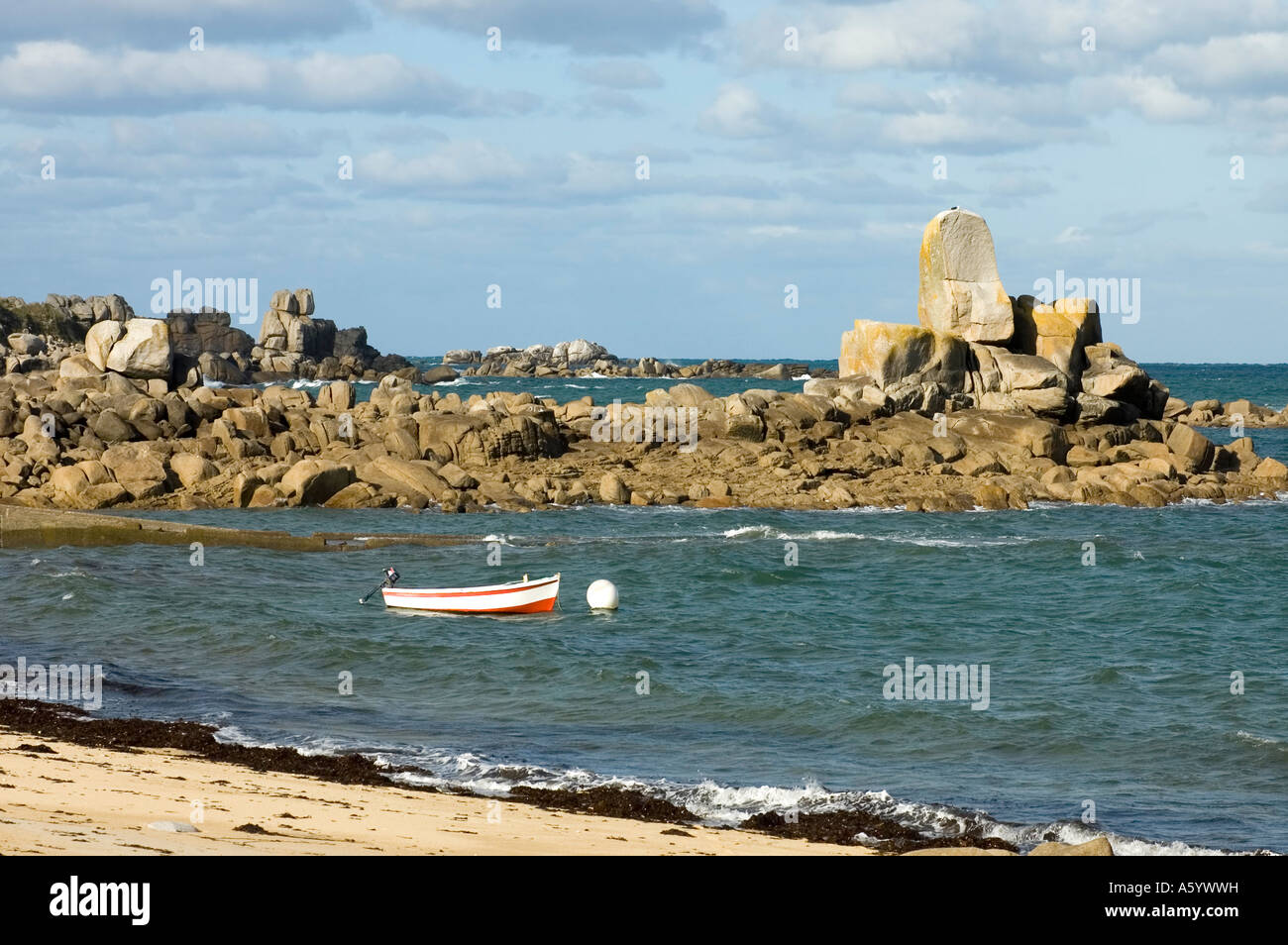 landscape with granit rocks at the coast in Finistere near by Plouescat ...