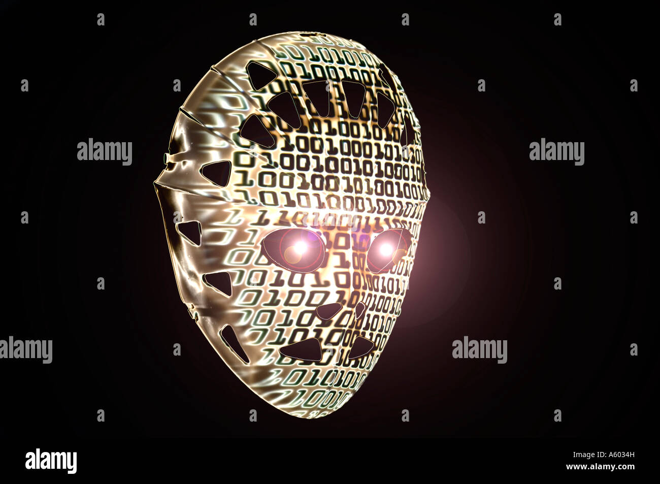 glowing eyed serial killer wearing ski mask with binary code composited ...