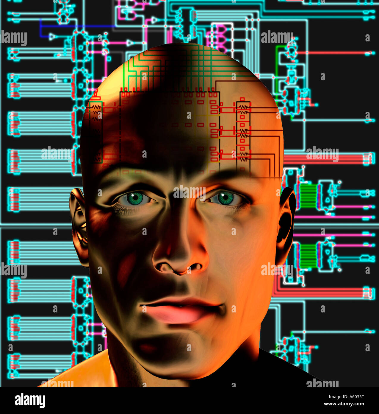 computer generated male robot head in 3D with schematic drawing ...