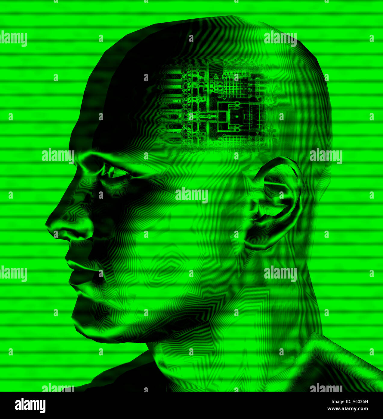 computer generated robot head in 3D with cog wheels composited inside ...