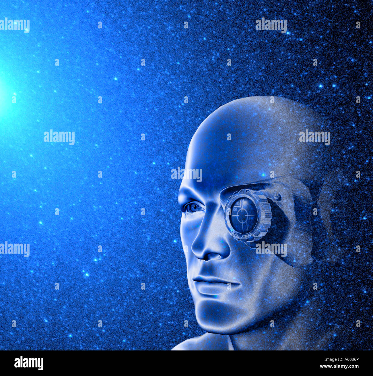 conceptual futuristic 3D computer generated male robot head with outer ...