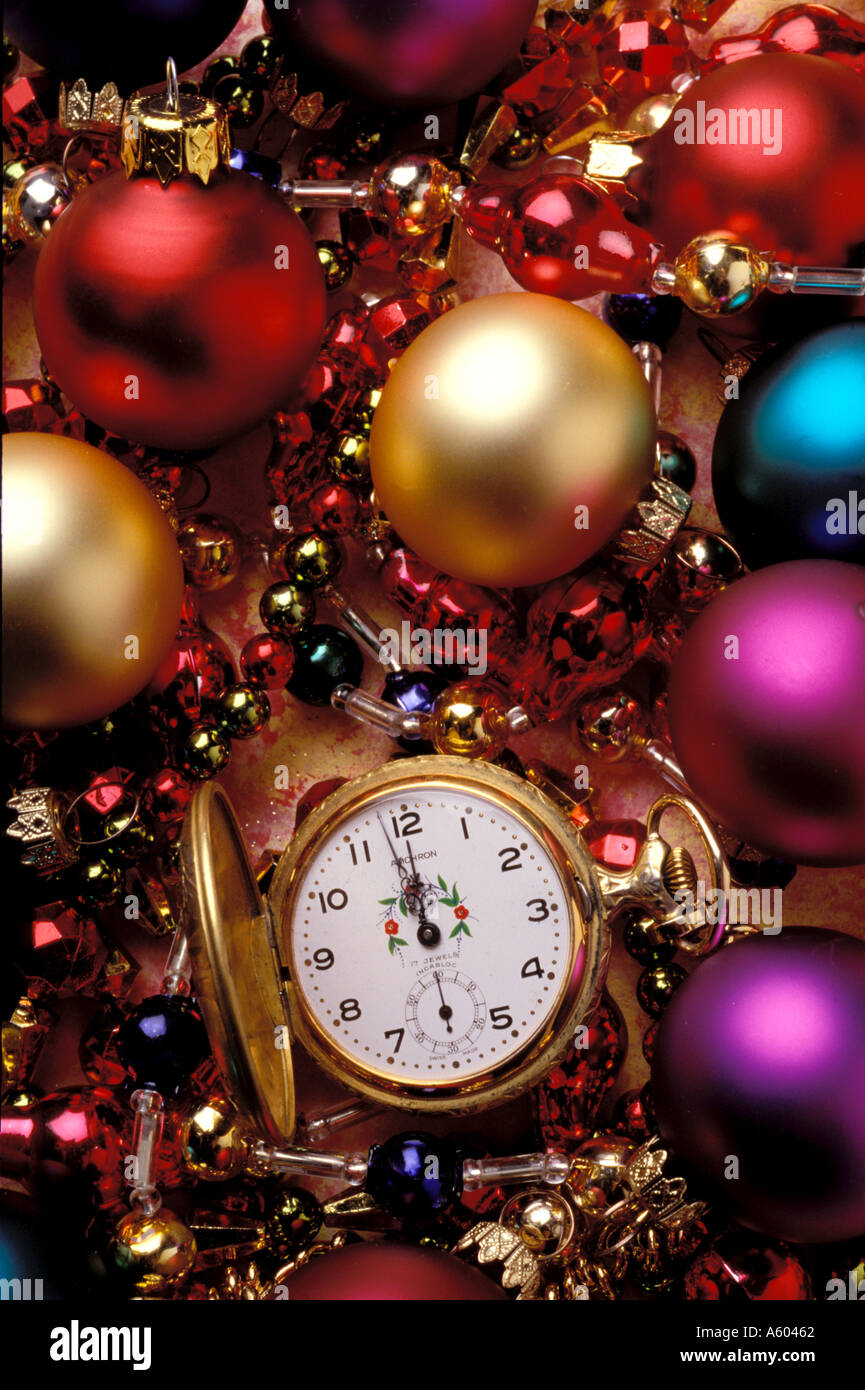 Pocket watch and Christmas ornaments Stock Photo - Alamy