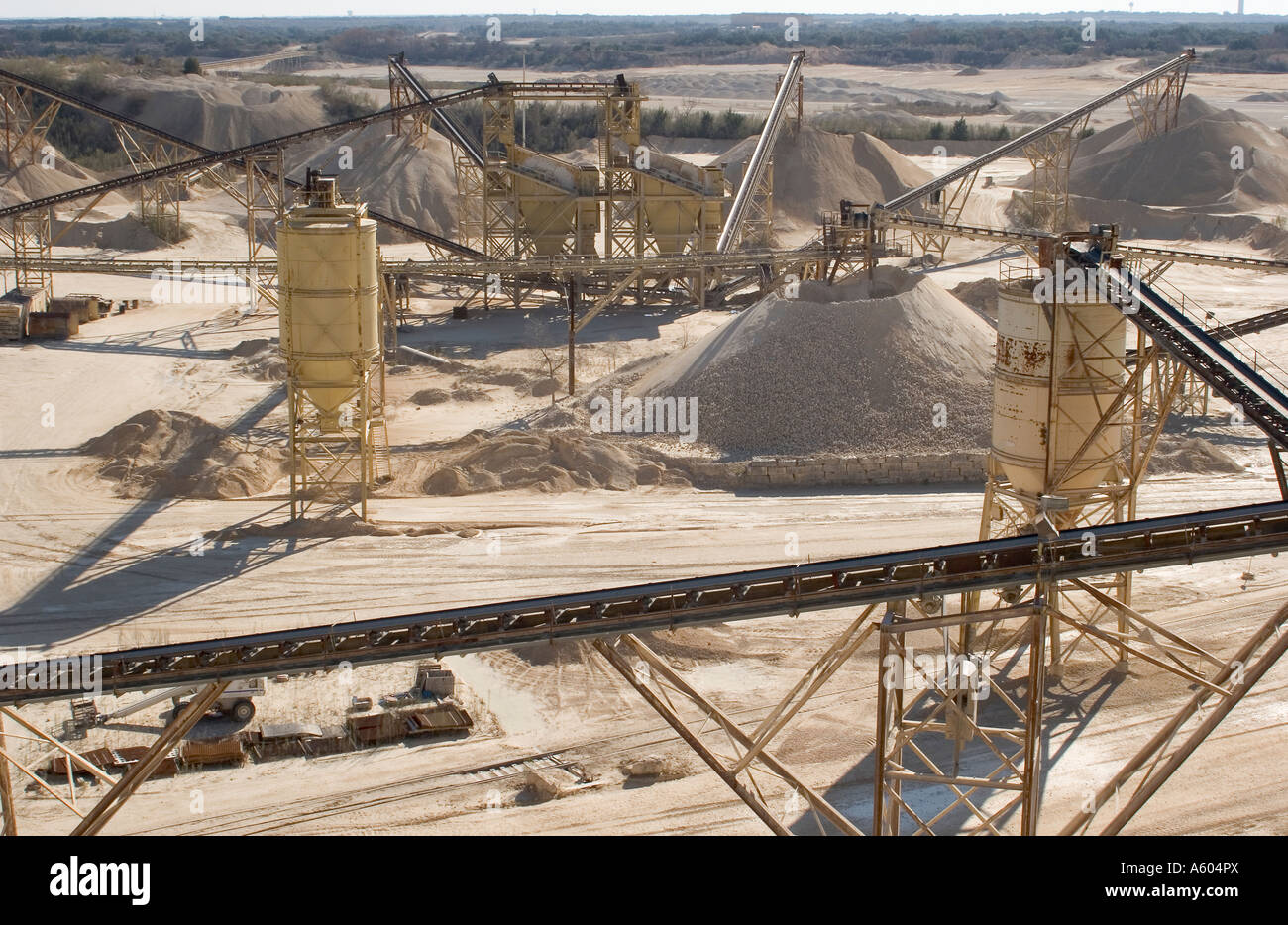 Crushed limestone rock plant in central Texas with conveyors, bins ...