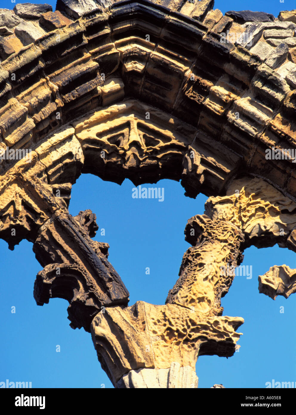 Weathered stone tracery of a window, Whitby Abbey, Whitby, North ...