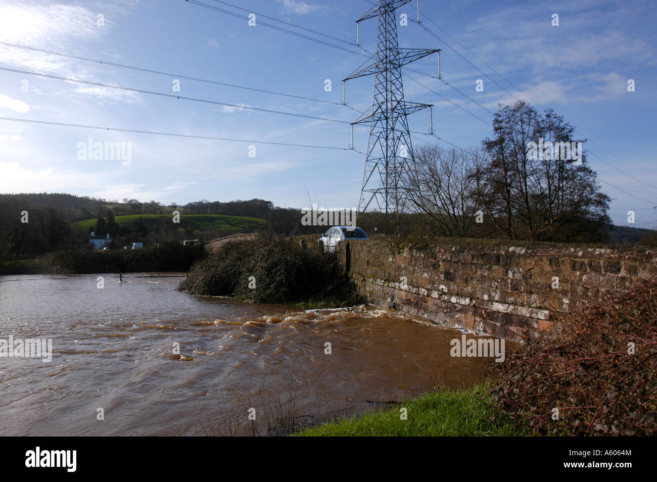 Flood water at Stoke Canon as the river Exe bursts its banks Stock ...