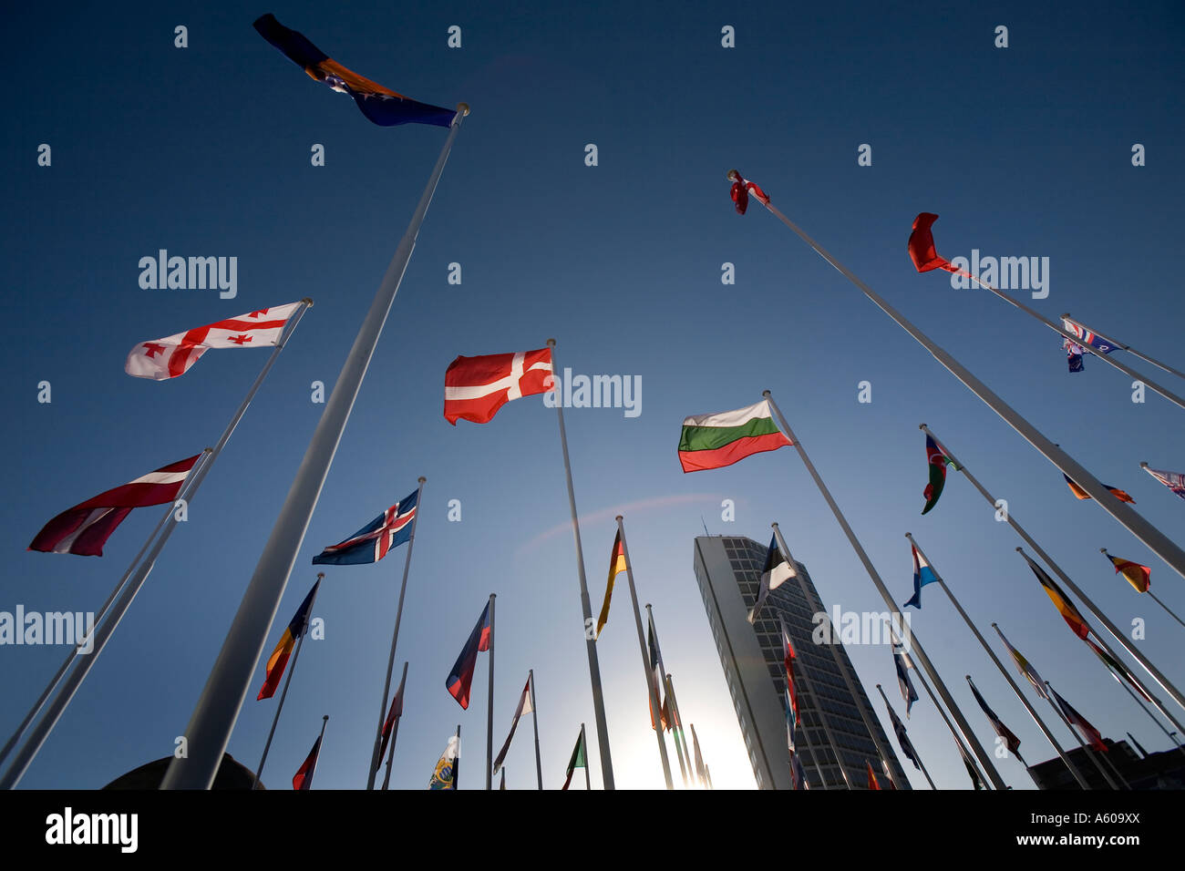 Flags of the European countries flying in Centenary Square Birmingham ...