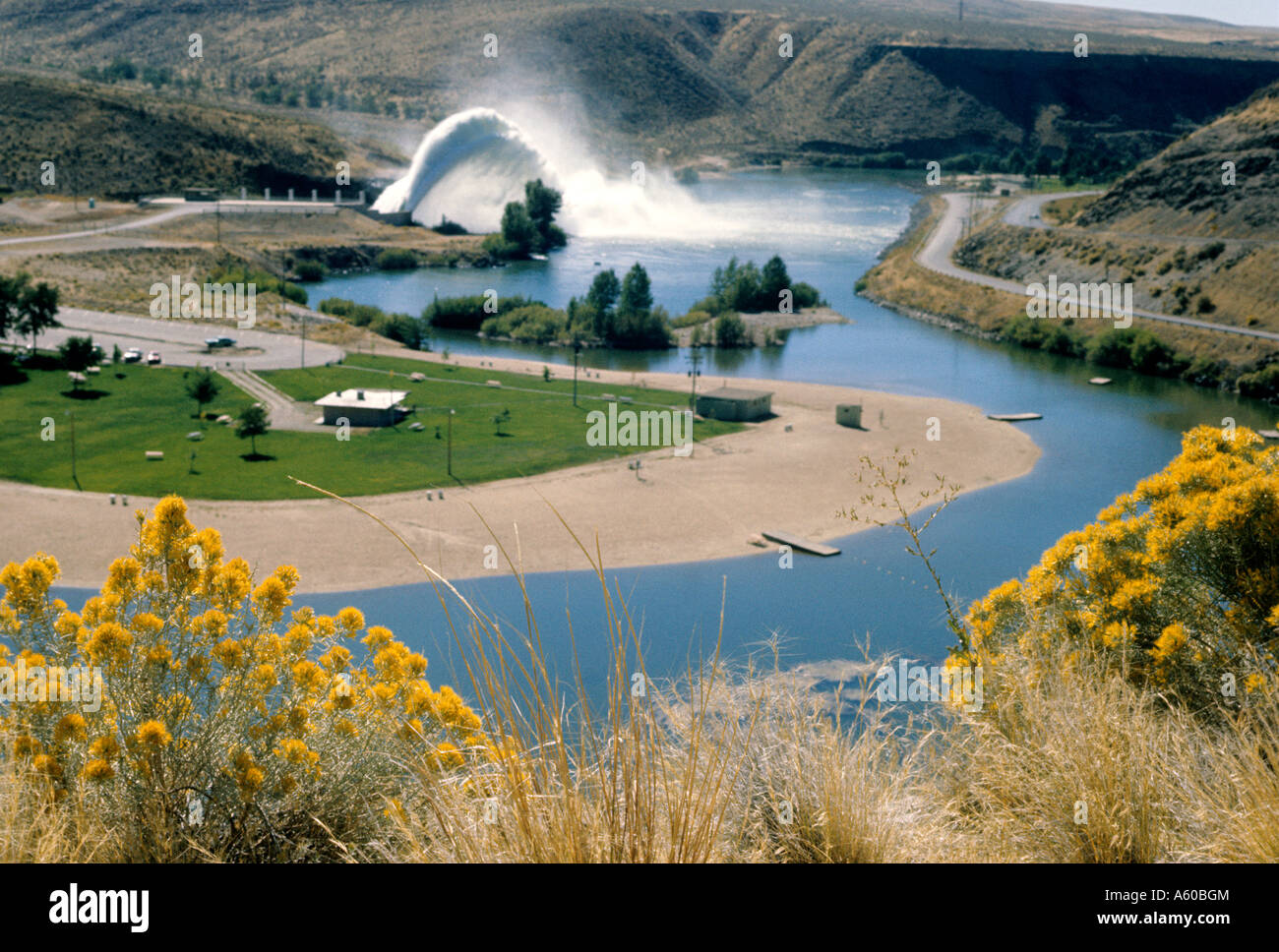 Water being let out of Lucky Peak Dam creates a rooster tail near Boise ...