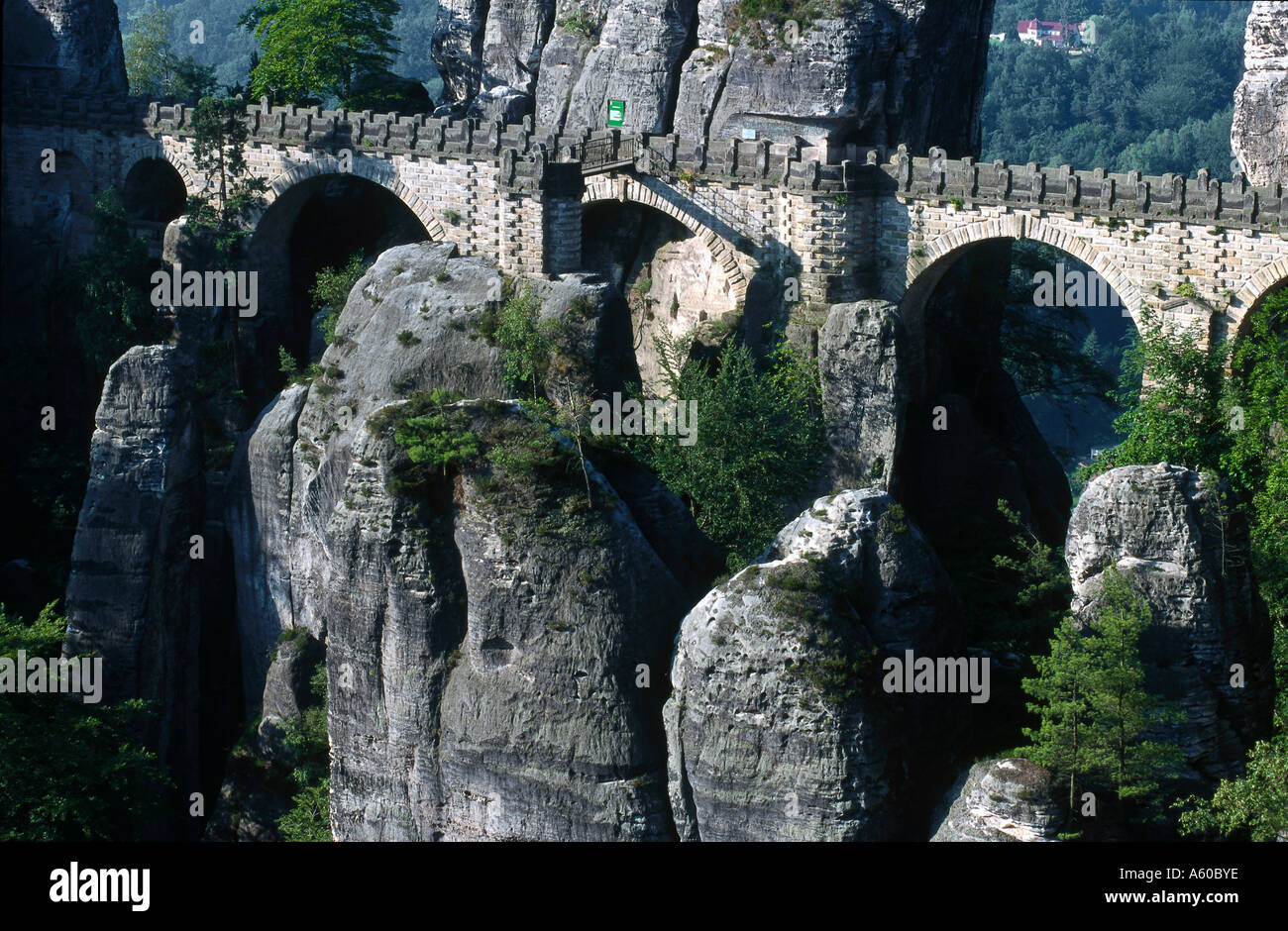 Bridge passing through cliffs, Bastei Bridge, Saxon Switzerland ...