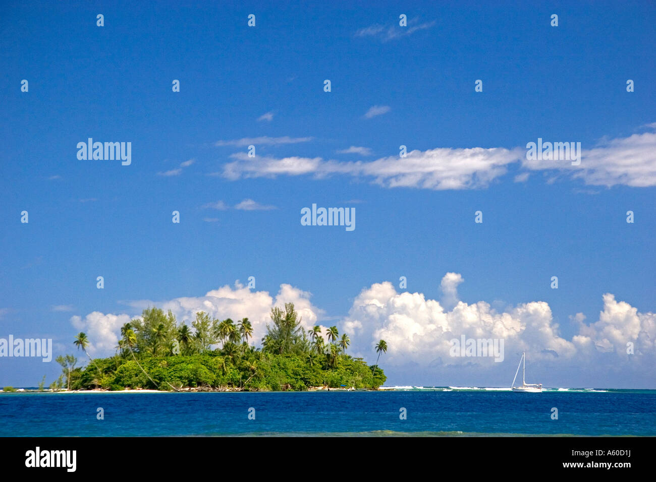 Small island called a Motu and a sailboat off the island of Moorea ...