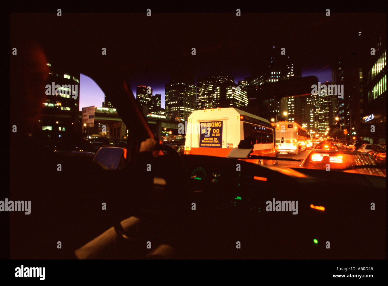 USA California San Francisco inside a cab in the Financial District ...