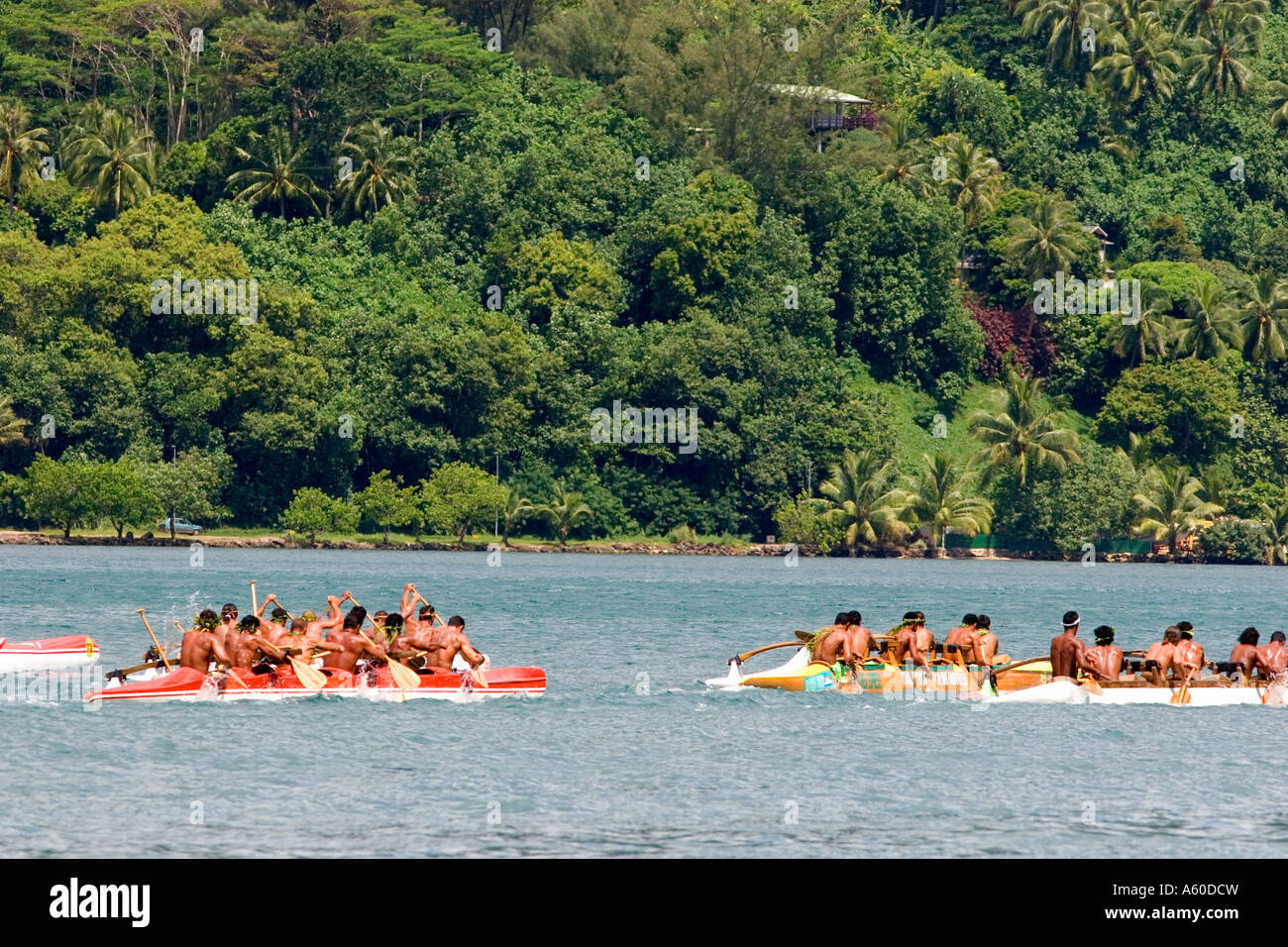 Tahitians take part in an outrigger canoe pirogue race off the island ...
