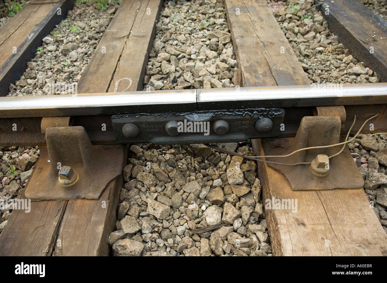 close up of railway line joint and sleeper Stock Photo - Alamy