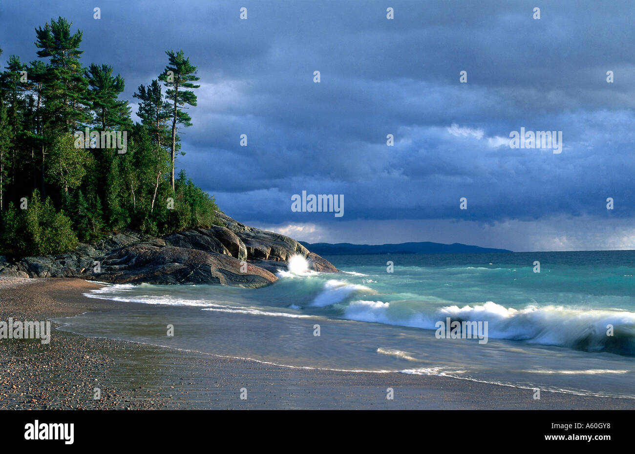 Waves on beach, Lake Superior Provincial Park, Ontario, Canada Stock ...