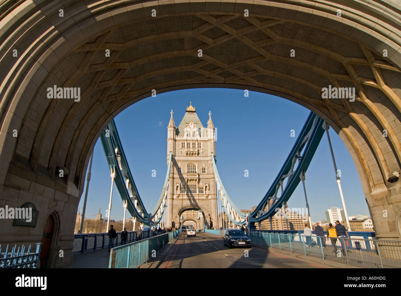 Horizontal wide angle of the distinctive gothic towers of Tower Bridge ...