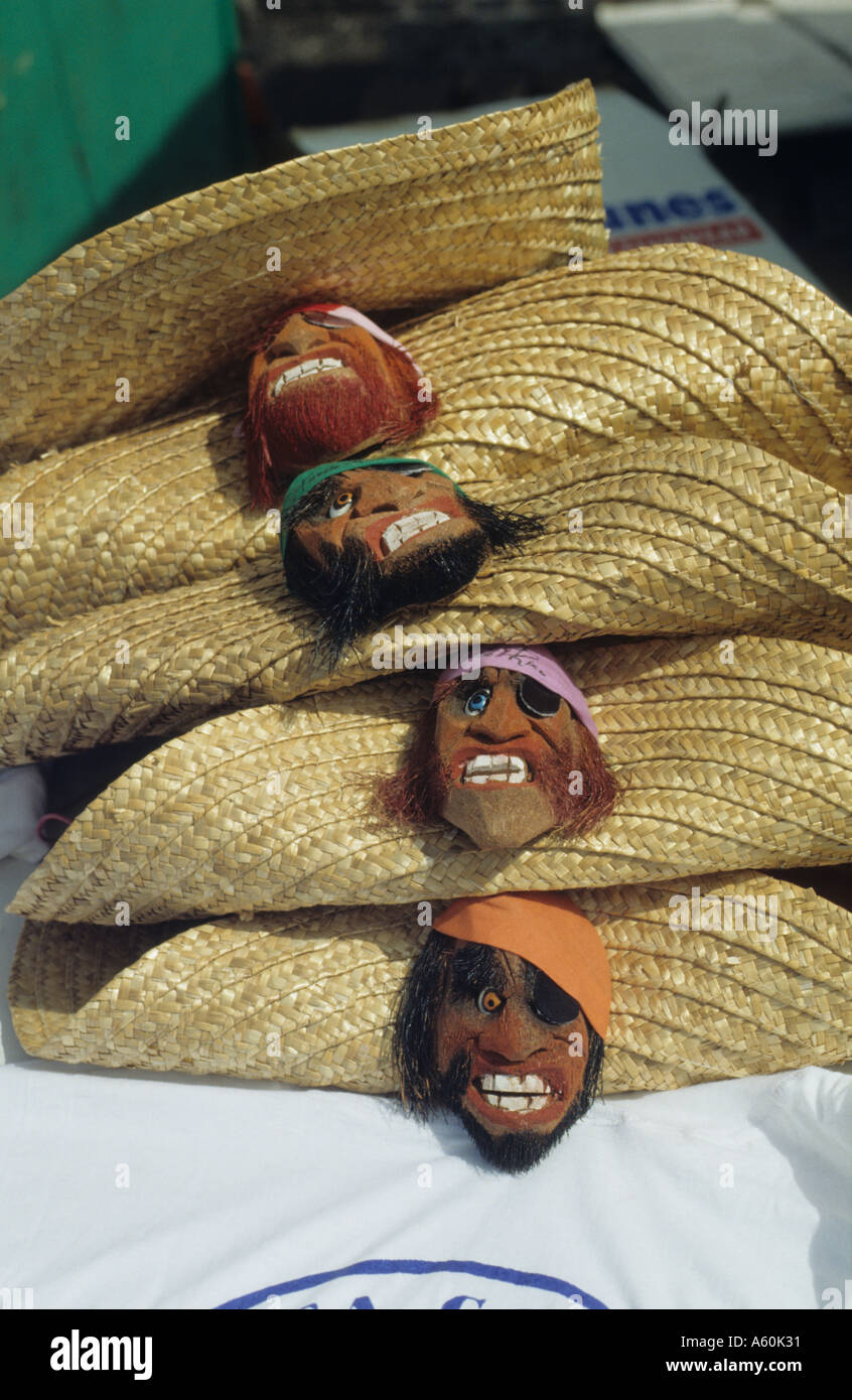 Straw hats with pirate faces, Puerto Rico Stock Photo - Alamy