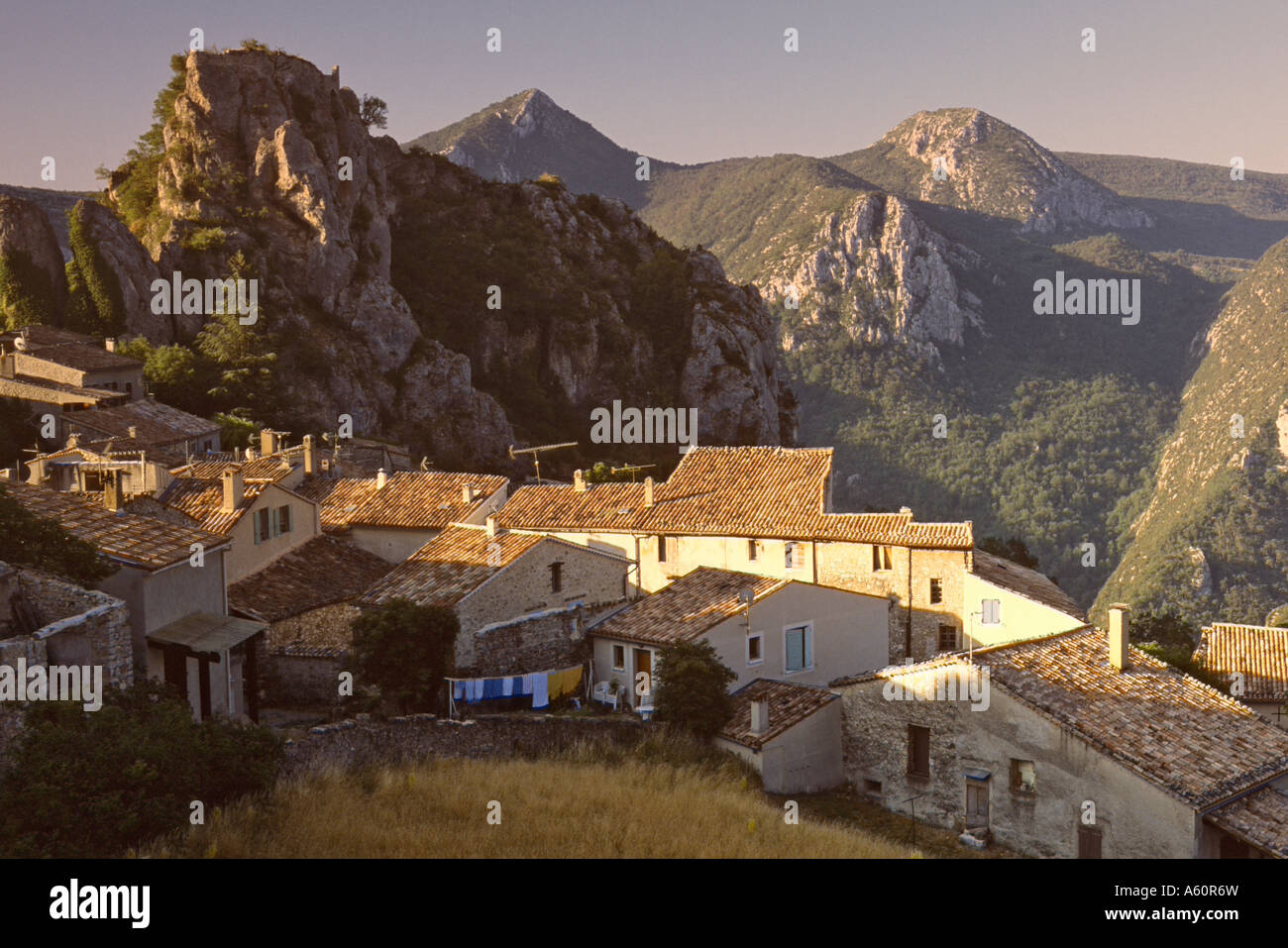 Sunrise on the village of Rougon overlooking the Gorges du Verdon ...