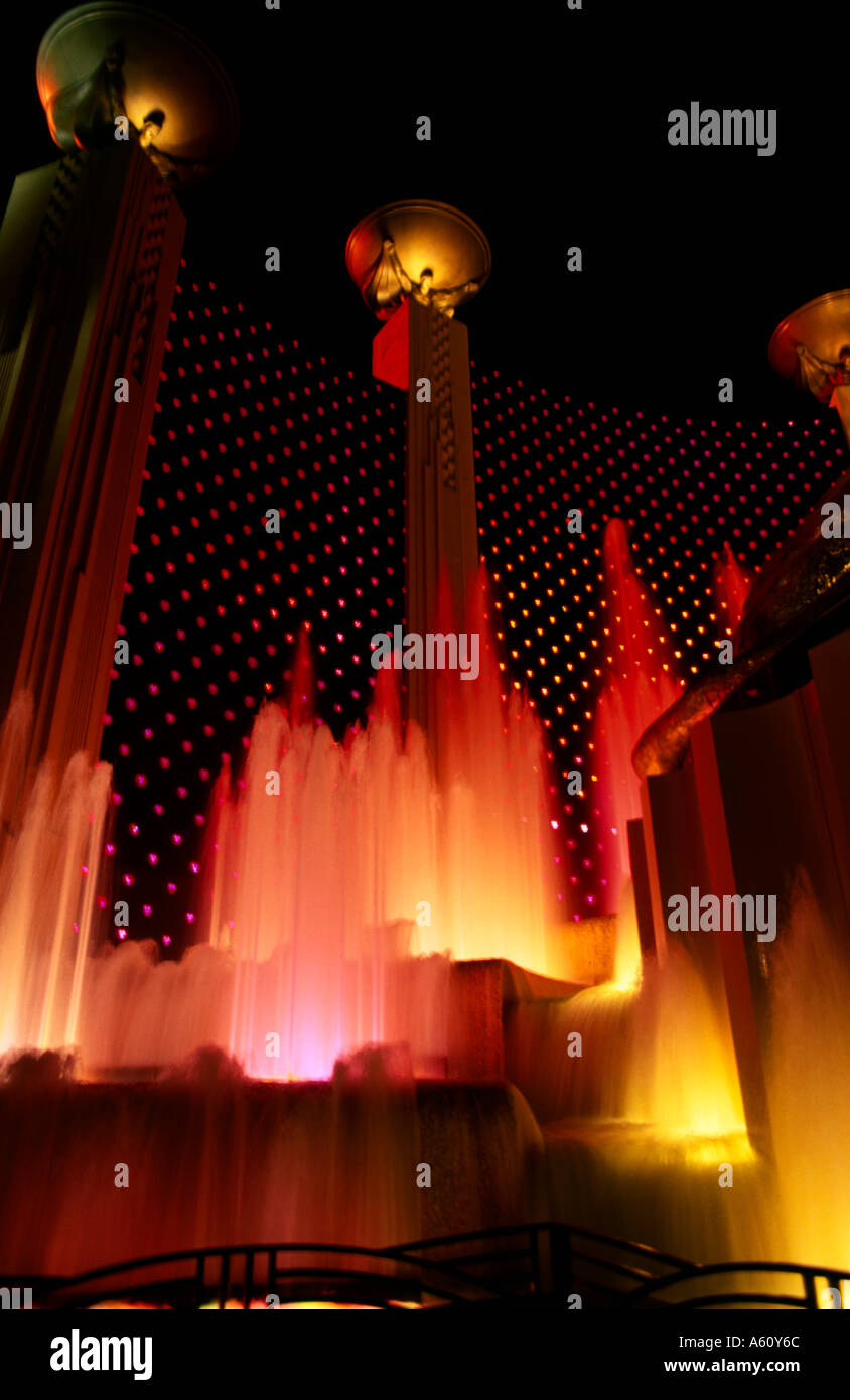 Multi colored lights of the water feature at the front of the MGM Grand ...